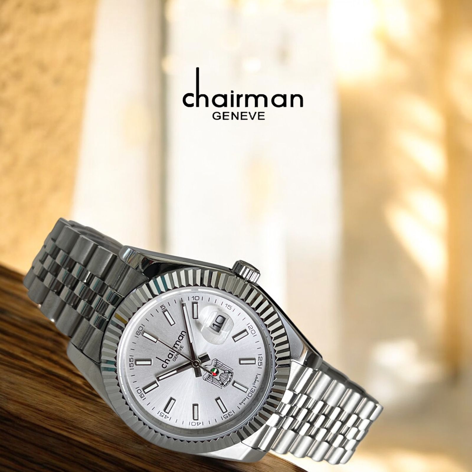 Chairman Geneve Dated UAE Emblem Grey Dial Silver Chain Gents Watch ...