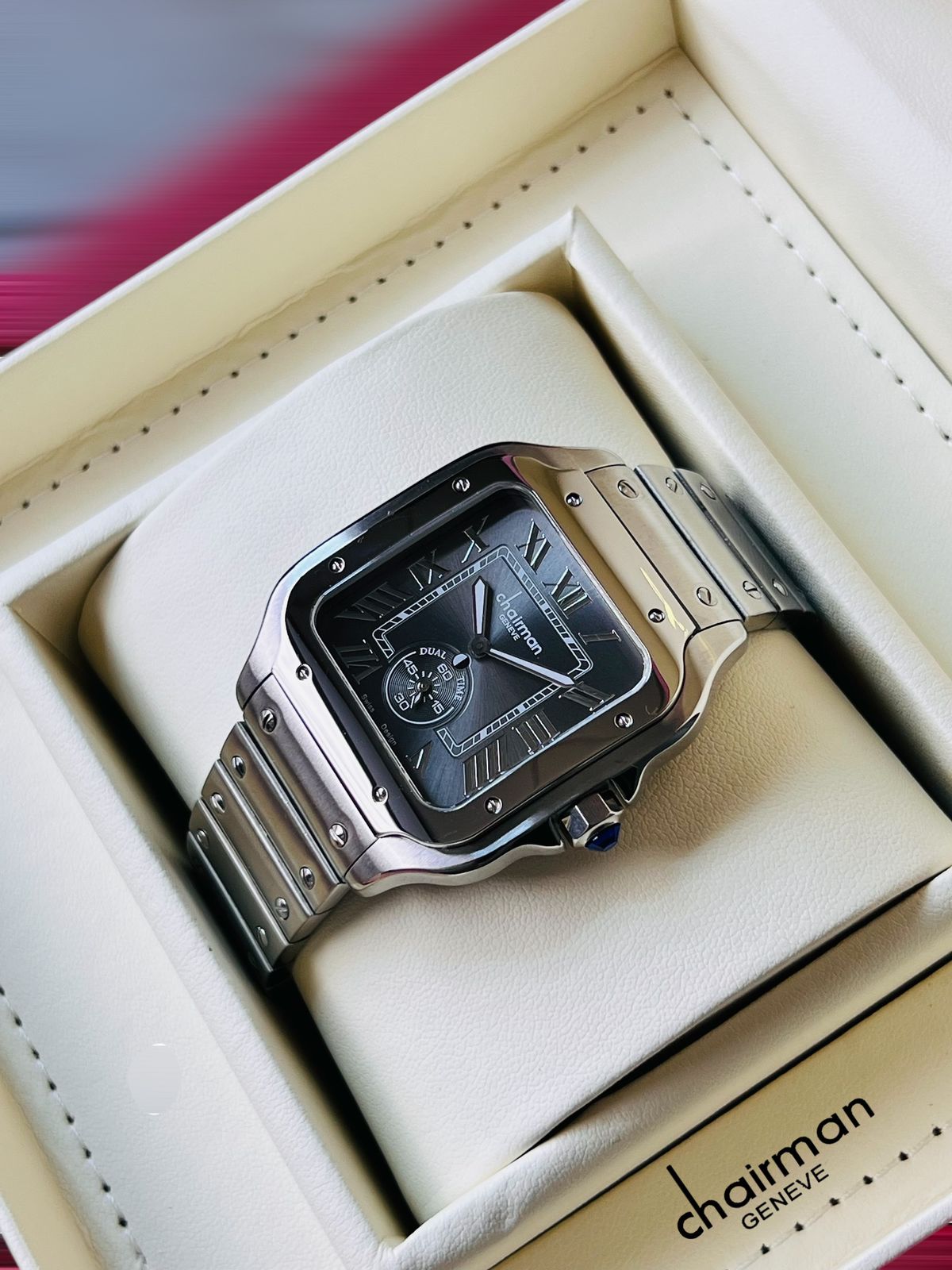 Chairman Geneve Dual Time Roman Black Dial Silver Chain Gents Watch ...