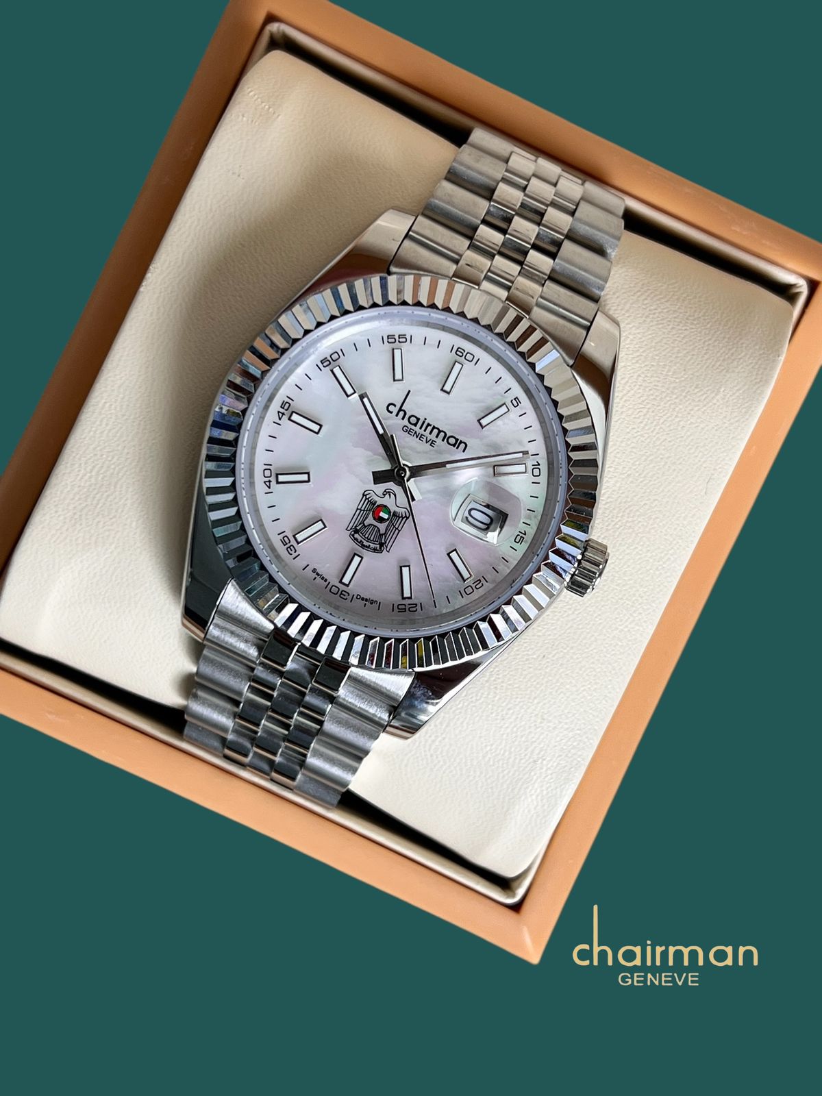 Chairman Geneve UAE Emblem Dated White Dial Silver Chain Gents Watch ...